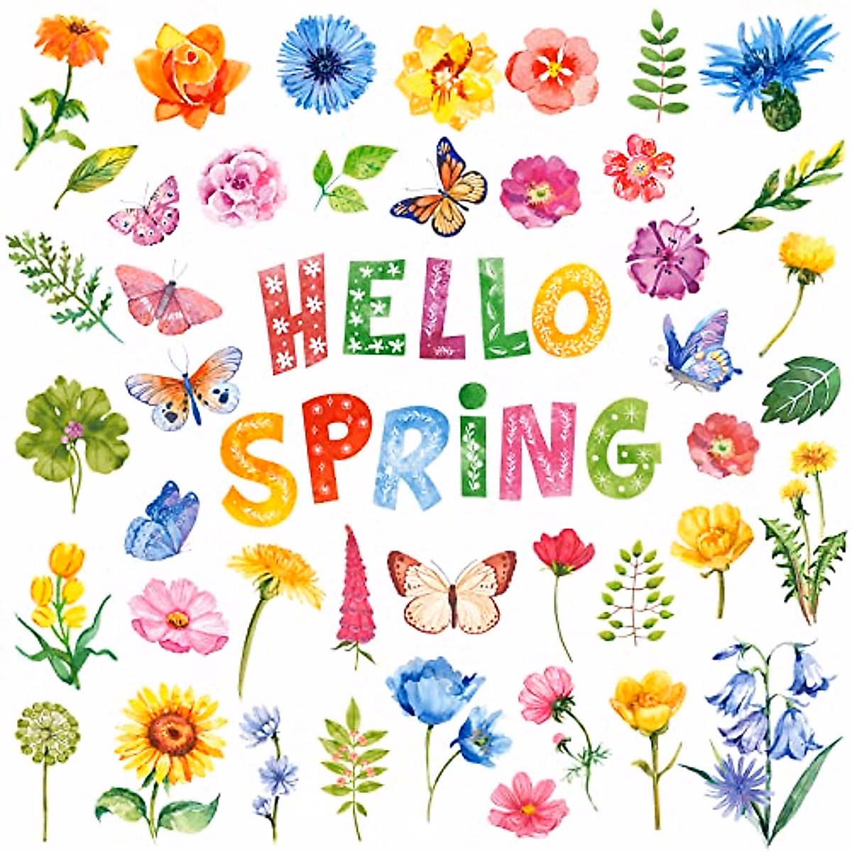 72 Pcs Cute Cutouts Hello Spring Cut Outs with 96 Pcs Glue Points Spring Bulletin Board Set Floral Plants Spring Cutouts Spring Decorations for Classroom School Game Party Bulletin Board Supplies