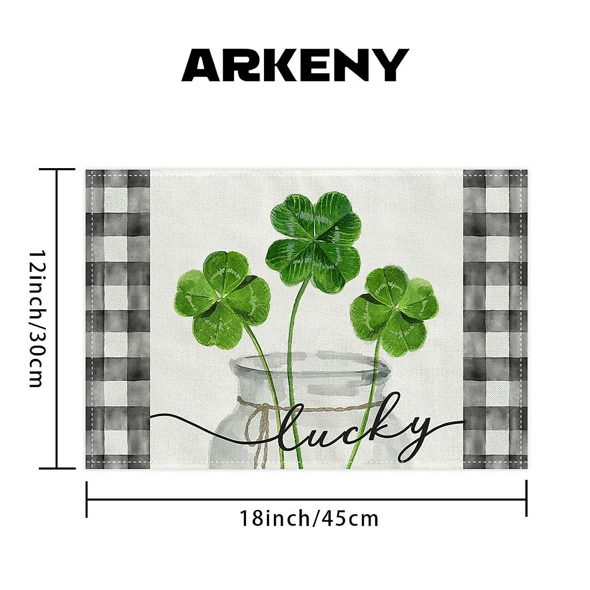 ARKENY St Patricks Day Placemats 12x18 Inches Set of 4, Green Shamrock Mason Jar Lucky Spring Seasonal Farmhouse Buffalo Plaid Burlap Indoor Kitchen Dining Table Mat Decorations for Home Party