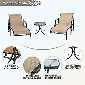Festival Depot 3 Pc Patio Bistro Outdoor Chaise Lounge Chair Set Textilene Furniture Metal Adjustable Back Curved Armrest with Glass Desktop Coffee Side Table for Porch Yard Garden (Beige)