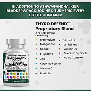 Selenium 300mcg Zinc 50mg Iodine 500mcg L Tyrosine 500mg Ashwagandha 6000mg - Thyroid Support Supplement for Women and Men with Bladderwrack, Turmeric, Kelp, Schisandra - Made in USA 60 Caps