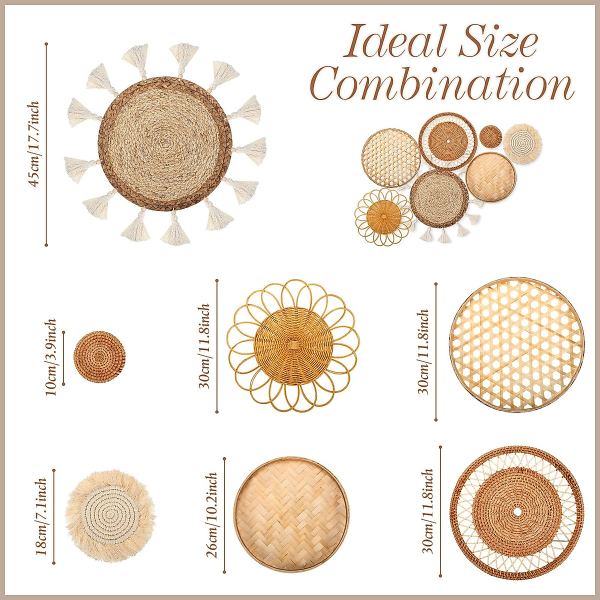 Set of 7 Wall Basket Decor Boho Wall Hanging Decor Rattan Wall Decor Flat Round Woven Macrame Tassels White Tapestry Bamboo Wall Basket Serving Tray Art Handmade Set for Room Bedroom Living Room