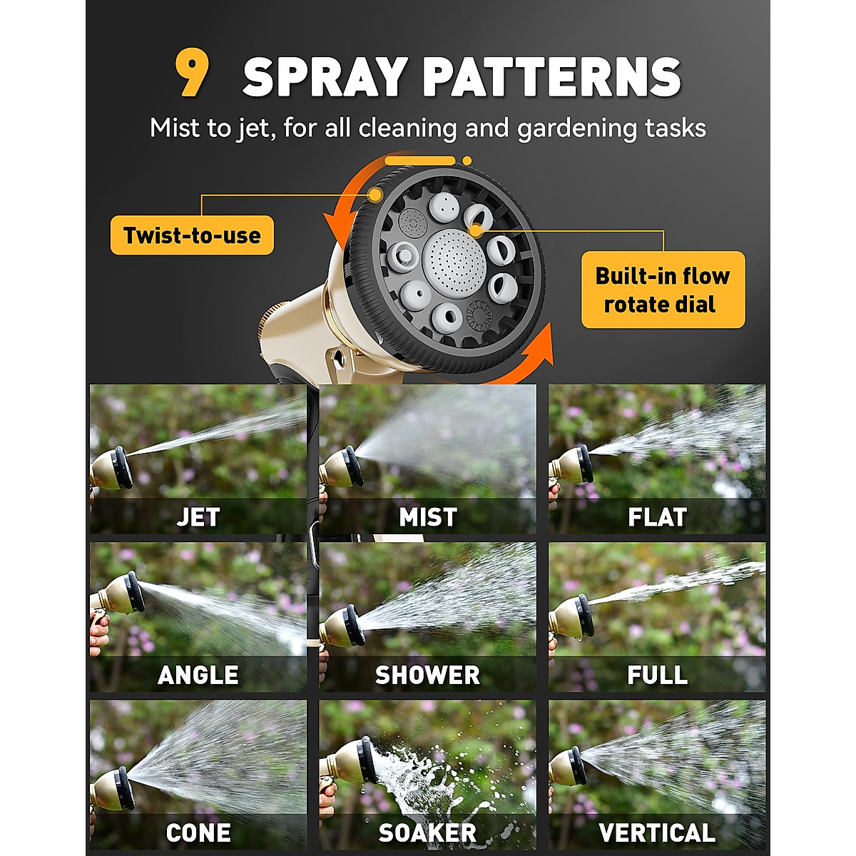 RAINPOINT Garden Hose Nozzle, 100% Zinc Alloy Hose Sprayer Nozzle with 9 Spray Patterns, High Pressure Water Hose Nozzle Heavy Duty Hand Sprayer, Watering Plants and Lawn, Car Washing, Pet Showering