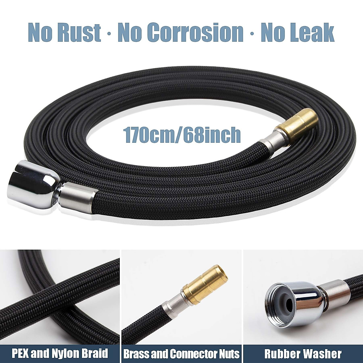 Kitchen Hose for Kohler Kitchen Faucet Parts K-1219935-BC，Pull Down Faucet Hose Replacement K-1304674-BC, Chrome Finish, 68 Inches