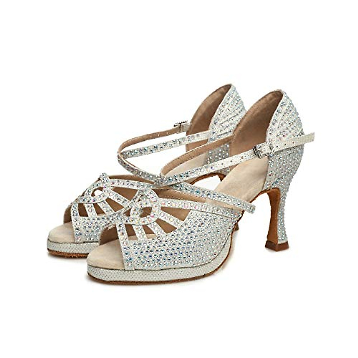 Minishion Women's Dance Heel Platform Toe Rhinestone Dancing Shoes L458 Silver US 4