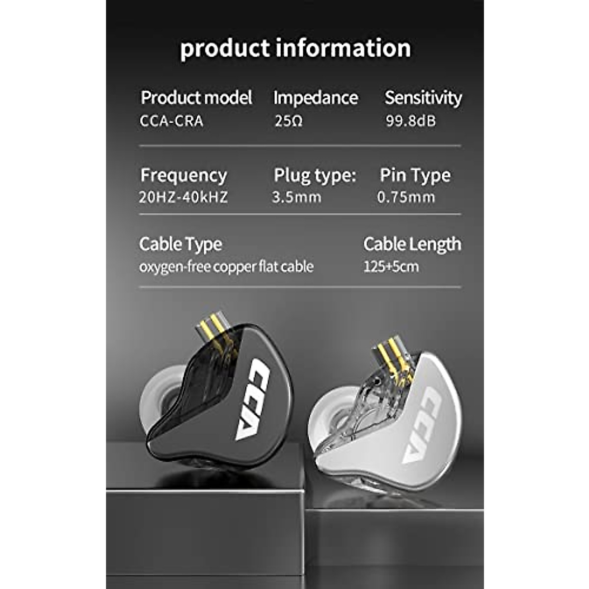 CCA CRA in Ear Monitor Earphone, Ultra-Thin Diaphragm Dynamic Driver IEM, Clear Sound & Deep Bass, Wired Earbuds with Mic and Tangle-Free Removable Cord
