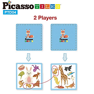 PicassoTiles 56 PCs Animal Speed Matching Game, Match Identical Pairs of Animals as Fast as Possible, Educational Puzzle Family Activity Board Games with Portable Storage Box for Boys & Girls Ages 3+