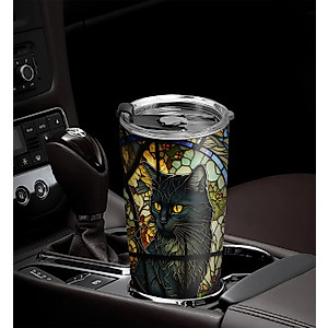 20oz Stained Glass Black Cat Tumbler, Gifts for Cat Lovers, Coffee Thermos for Women, Stainless Steel Double Wall Vacuum Insulated Coffee Mug, Travel Cup with Lid