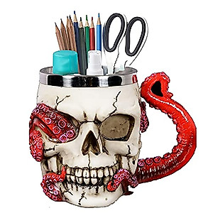 Skull Mug Parasite Octopus Beer Coffee Mugs with Tentacle Handle, Stainless Steel and Resin Tankard Skeleton Cranium Skull Beverage Drinking Cup for Ossuary Macabre Halloween Decorative Accent - 13oz