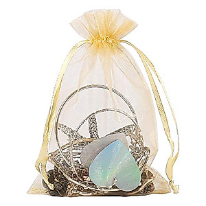 HRX Package 100pcs Gold Organza Gift Bags, 4 x 6 inch Candy Mesh Drawstring Favor Bags Jewelry Pouches for Christmas Wedding Party