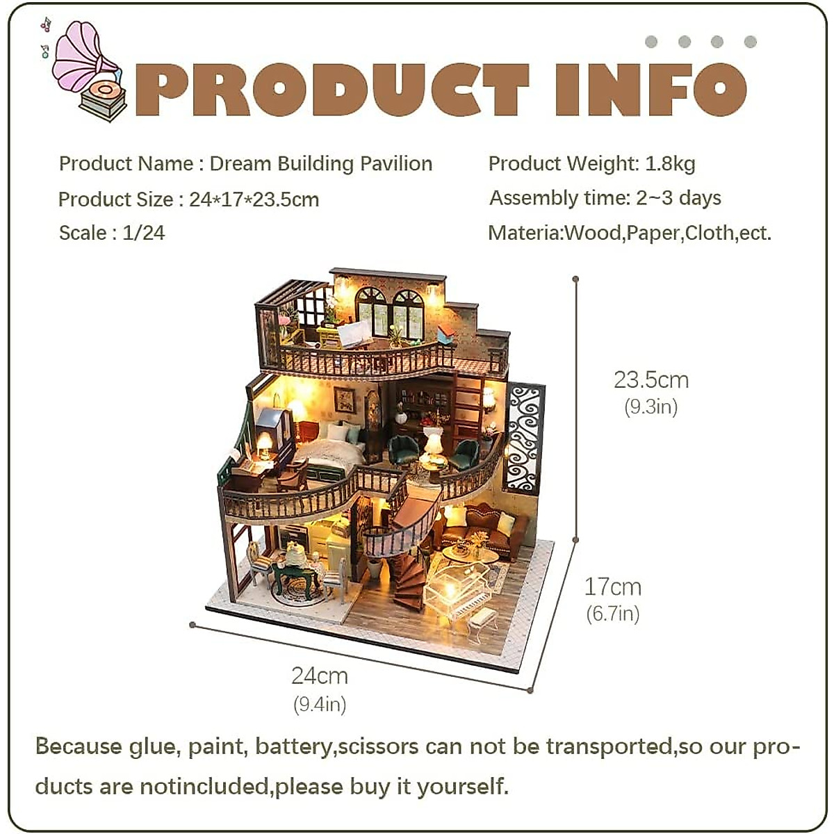 CUTEBEE Dollhouse Miniature with Furniture, DIY Dollhouse Kit Plus Dust Proof and Music Movement, 1:24 Scale Creative Room for Valentine's Day Gift Idea（Dream Building Pavilion）