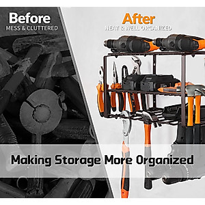 3-Tier Power Tool Organizer, Wall Mount Tool Holder with Charging Station, 4 Drill Holder Heavy Duty Metal Tool Shelf for Tool Storage Garage Workshop Tool Rooms