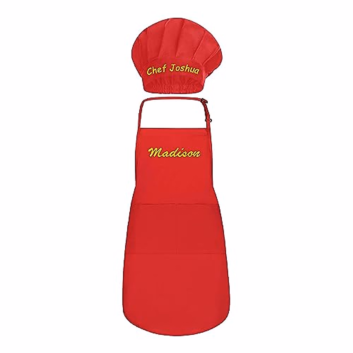 Personalized Apron with Hat for Men and Women - Custom Apron with Embroidered Name - Unisex Red Apron with Pockets for Kitchen Cooking Baking Restaurant BBQ Painting Crafting
