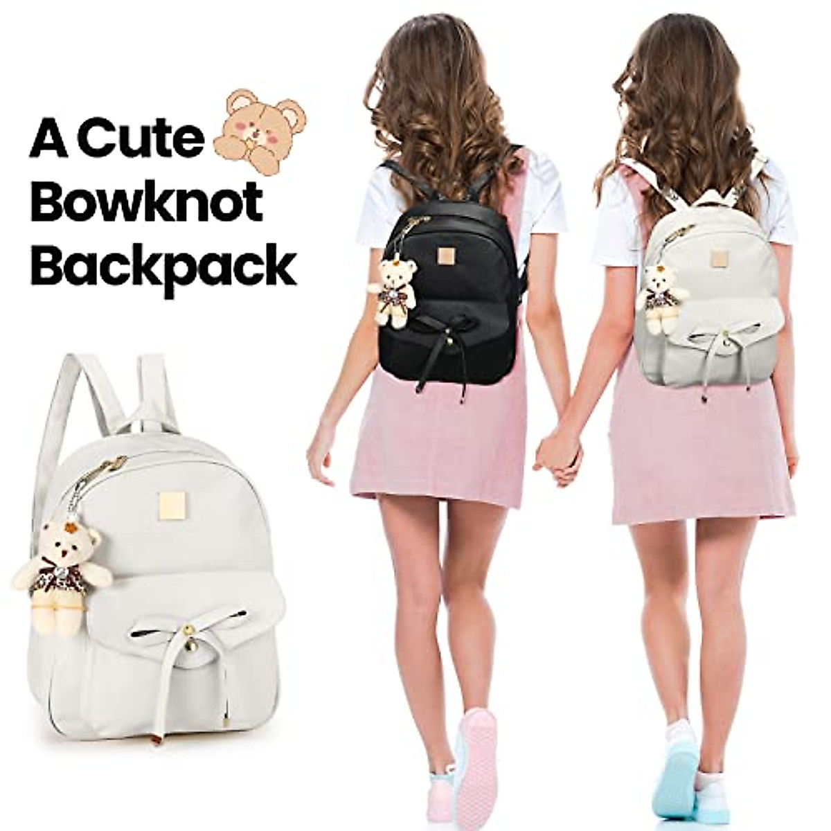 6 Pieces Mini PU Leather Backpack Purse Set Cute Girls Bowknot Small Backpack Rucksack Satchel Shoulder Bag Bookbag for Women Teen Girls