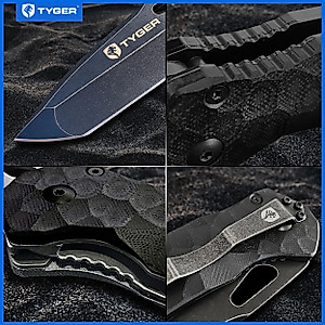 Tyger K4 EDC Folding Pocket Knife | Stone-washed AUS-8 Steel Blade with Black Titanium Ion Carbide Coating | Black G-10 Handle | TG-KF7A2858