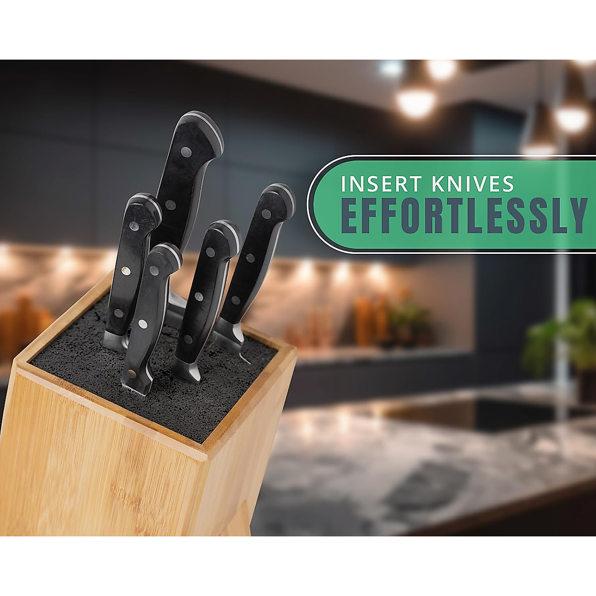 XL Large Universal Knife Block without Knives - Bamboo Countertop Knife Holder w/Removable Bristles - Convenient & Versatile for Any Knife Size