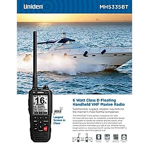 Uniden MHS335BT 6W Class D Floating Handheld VHF Marine Radio with Bluetooth, Text Message Directly To Other Vhf Text Message Capable Radios, IPX8 Submersible Design