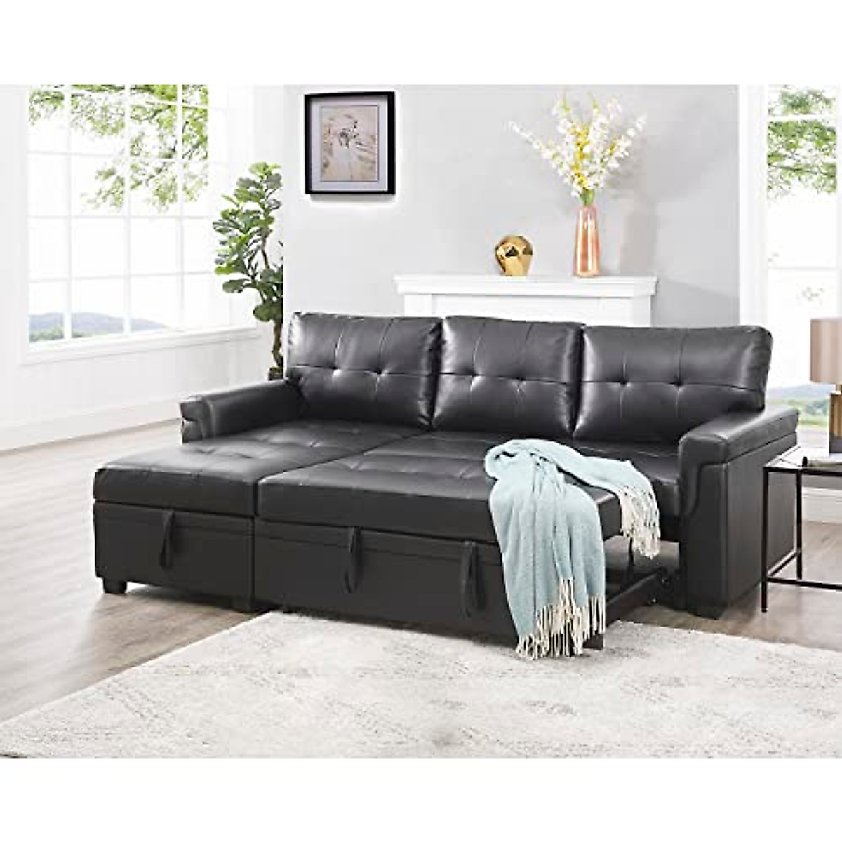 Naomi Home Modern Sectional Sofa with Storage Chaise Black/Air Leather