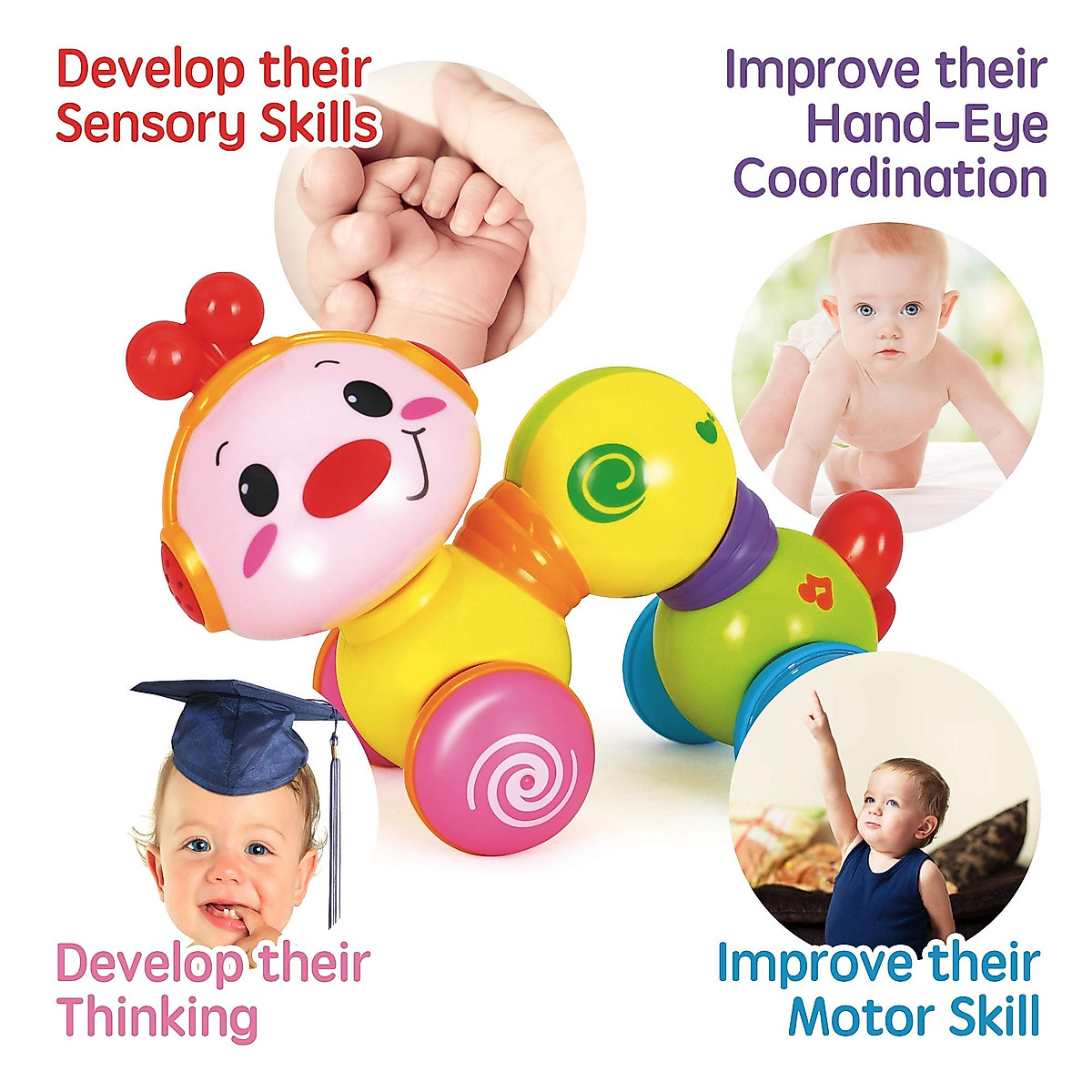 Stone and Clark Musical Press & Go Caterpillar Toy, Baby Toys 6 to 12 Months, Light Up Head Inchworm Infant Toys, Baby Crawling & Educational Toys for 1 Year Old Boys & Girls