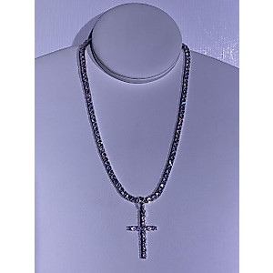 Mens 14k Rhodium Finish 4mm Tennis Link Chain Choker Iced Out Jesus Crucifix Cross Pendant Rappers Necklace Iced Prong Set Tennis Chain for Men, tennis ladies Chain Choker Jesus Necklace (18)