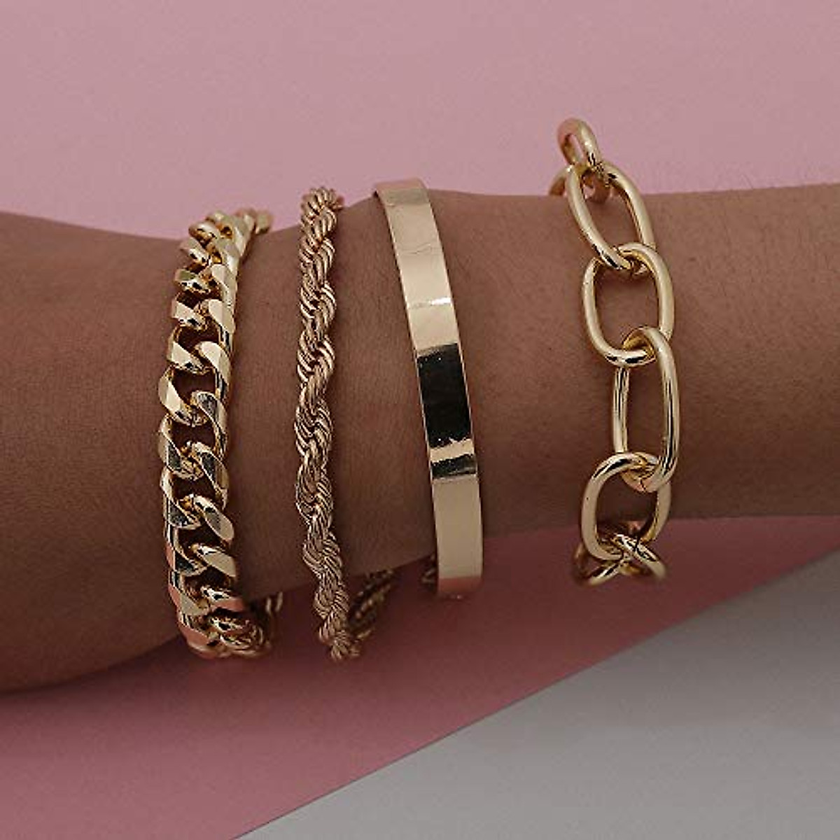 fxmimior Dainty Boho Gold Silver Chain Bracelets Set for Women Adjustable Fashion Beaded Chunky Flat Cable Chain Punk Bracelets Jewelry for Women Girls Gift Set of 4 (Gold)