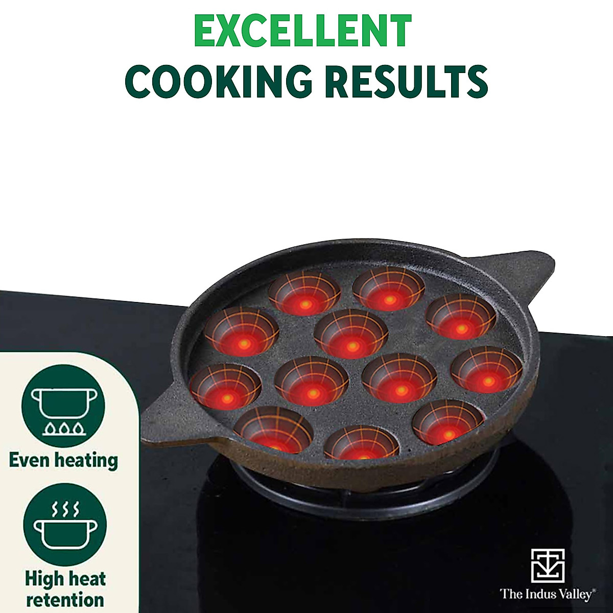 The Indus Valley Pre-Seasoned Cast Iron Paniyaram Pan (12 Pits - Twin Handle),Black
