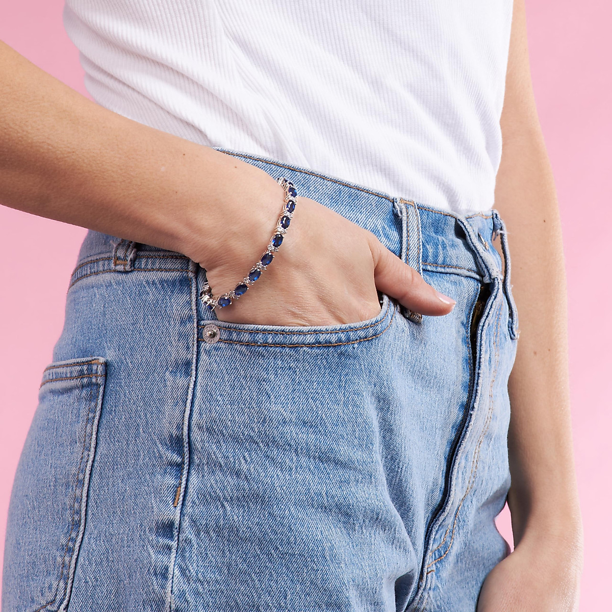 KEZEF Tennis Bracelets For Women - Cubic Zirconia - Oval 7x5mm Blue Sapphire Gemstones - Round 2.50mm White CZ - Silver Plated Brass - 7 Inch - Hypoallergenic Bracelets