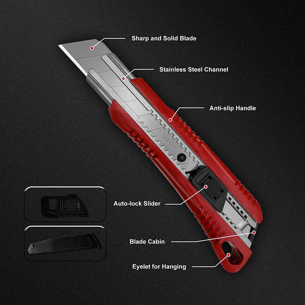 HAUTMEC 2PCS 25mm Extra Heavy-Duty SK4 Utility Knife, 3pcs blade Snap-off Retractable Box Cutter, Auto-lock Mechanism, Blade Storage Design HT0080-2PC