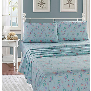 Linen Plus Sheet Set Kids/Teens Mermaids Underwater Castle Jellyfishes Aqua Pink Lavender Purple # Aqua Mermaid (Twin)