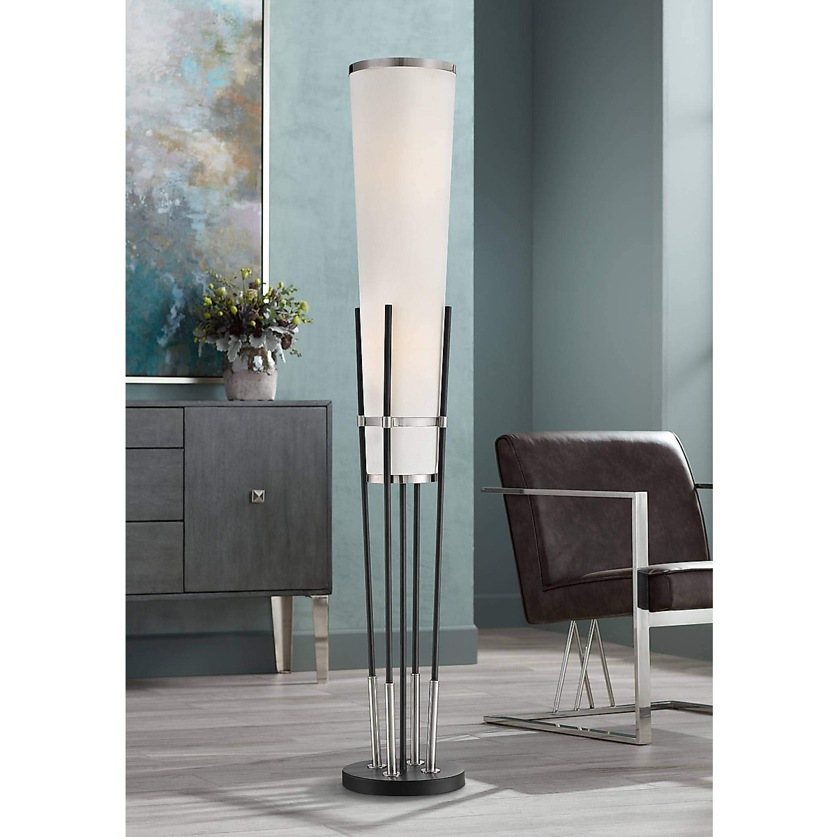 Possini Euro Design Flute Modern Torchiere Floor Lamp Standing 64" Sleek Satin Black Brushed Nickel Metal Tall White Tapering Cone Linen Shade for Living Room Reading House Bedroom Home Office