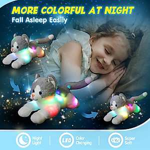 Houwsbaby 15‘’ Light up Kitty Stuffed Animal Cat Floppy LED Plush Toy Kitten Night Lights Glow Pillow Birthday Gifts for Kids Toddler Girls, Gray