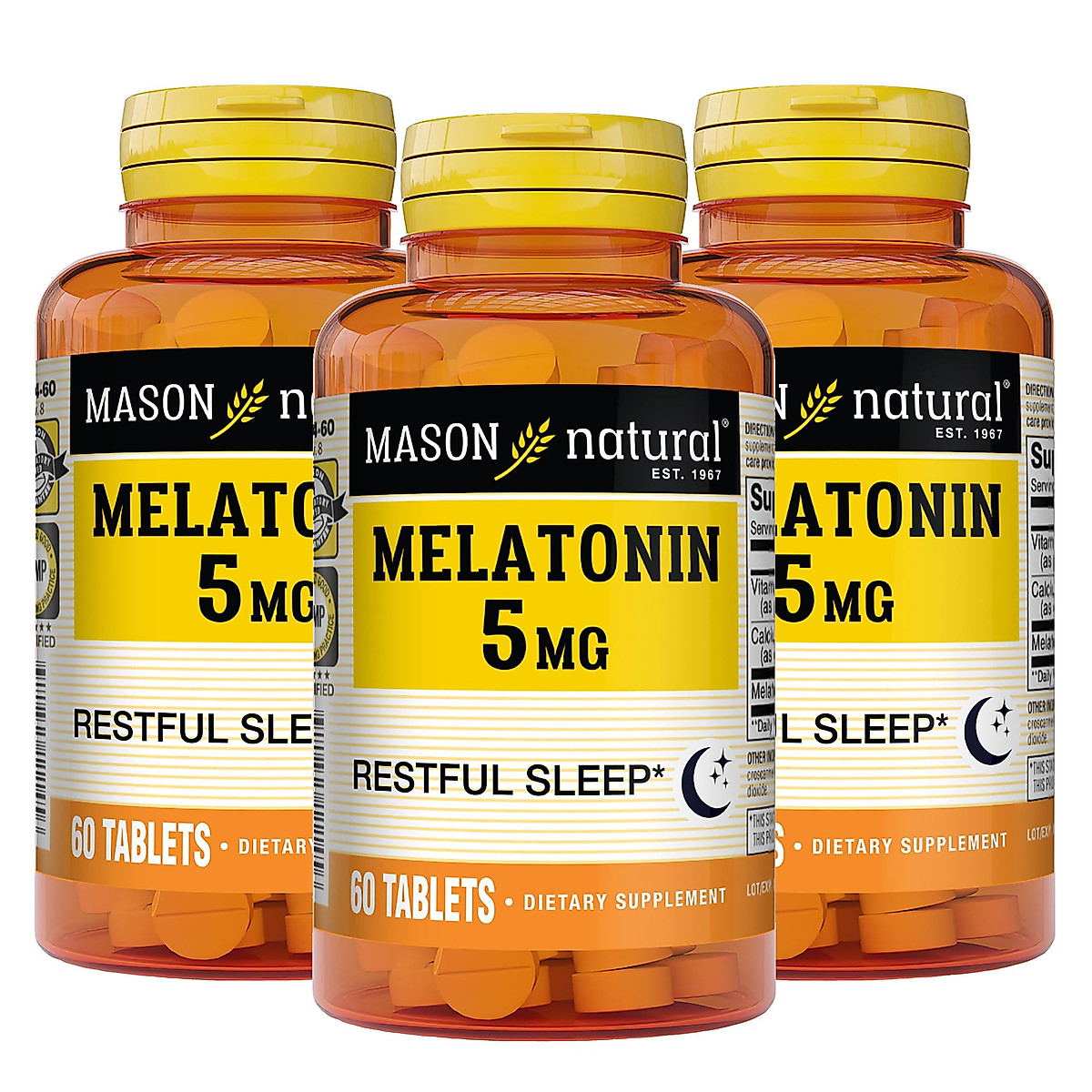 MASON NATURAL Melatonin 5 mg with B6 & Calcium, Natural Sleep Aid, Supports Restful Sleep, 60 Tablets, Pack of 3