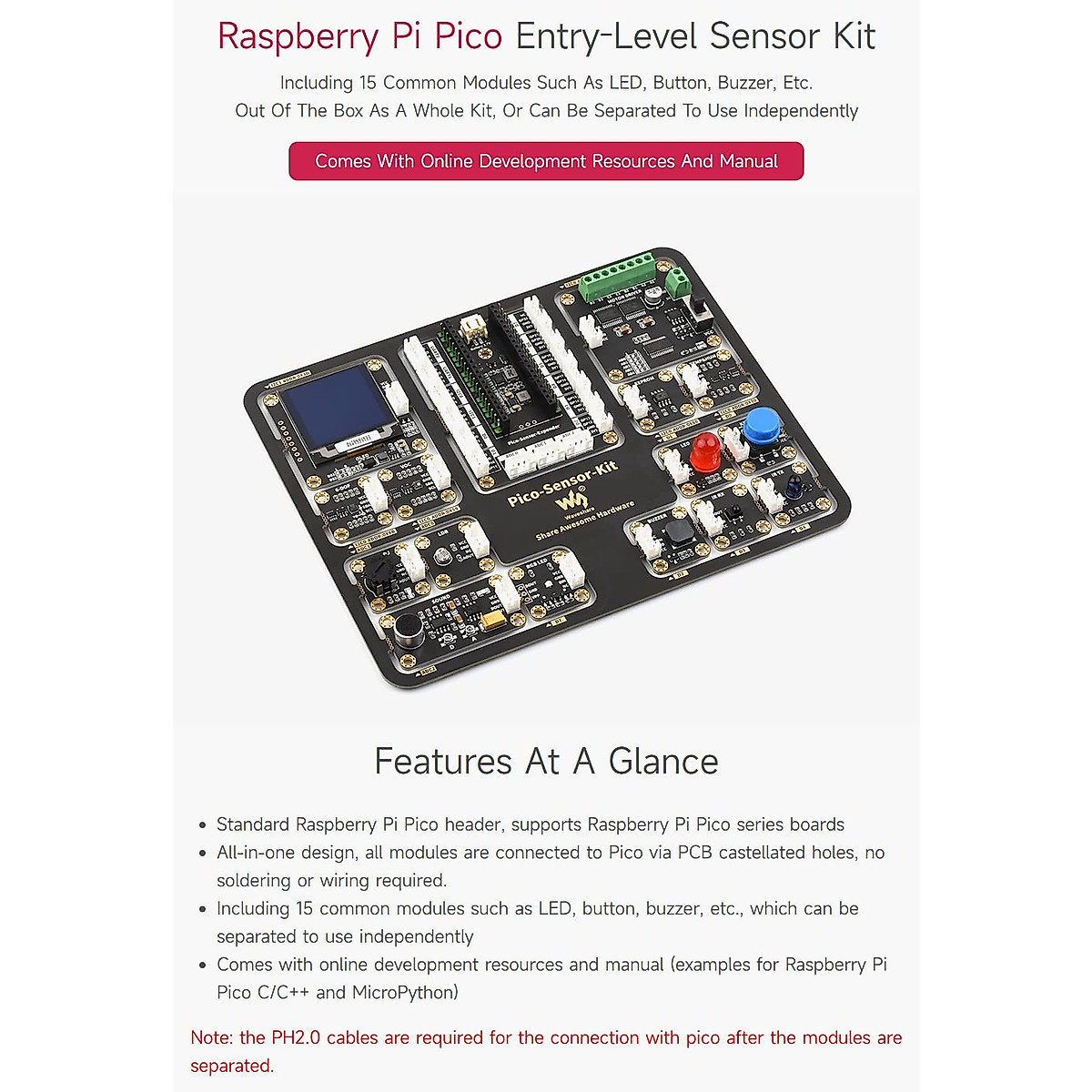 Waveshare Entry-Level Sensor Kit Compatible with Raspberry Pi Pico, Including Pico Expansion Board and 15 Common Modules-Sensor Kit Only