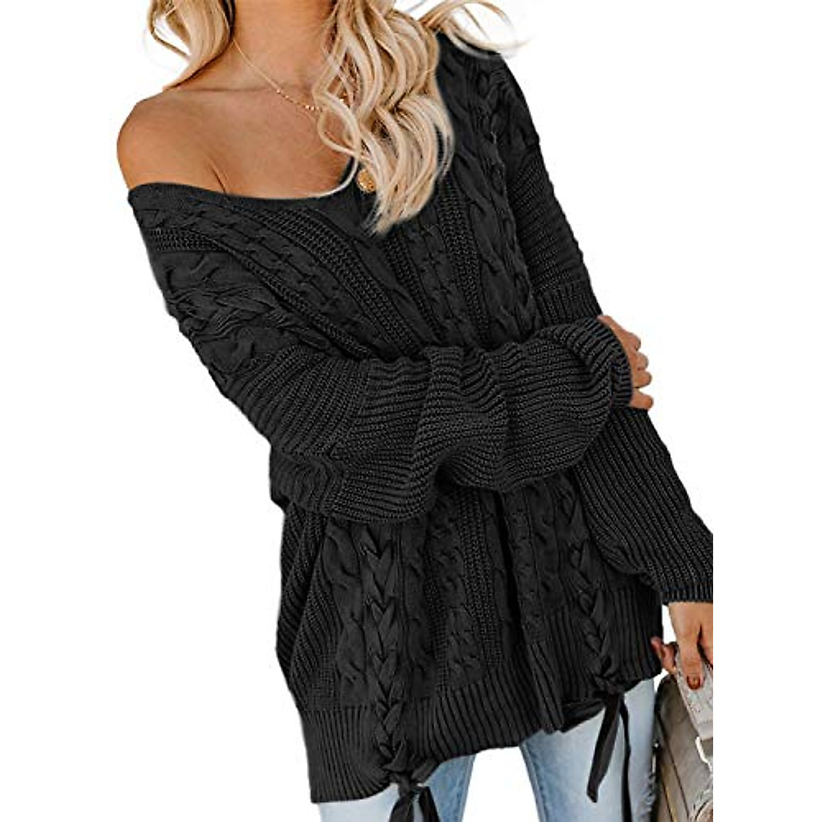 EVALESS Womens Sweater 2023 Fashion Trendy Fall Oversized Off Shoulder Cable Knit V Neck Knit Chunky Plus Size Sweater Long Sleeve Crewneck Winter Loose Tops Clothes,Black XL