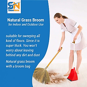 SKENNOVA - Set of Loincloth Fabric Broom Bag & Thai Traditional Grass Broom Vintage Style with Bamboo Brown Handle & Hand Grip with Wire Length 40-41-inch x Width 20-24-inch