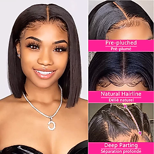 Bob Wig Lace Front Wigs Pre Plucked with Baby Hair 180% Density Short Bob Wigs for Women Straight Bob Frontal Wigs Natural Black (12inch)