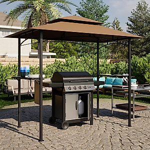 EVURU 8 x 5 FT Grill Canopy, with Air Vent Double Tiered Roof Top, Waterproof BBQ Gazebo with Rustproof Steel Frame, UV Protection Top Grill Tent Outdoor BBQ Canopy Grill Shelter for Garden Khaki
