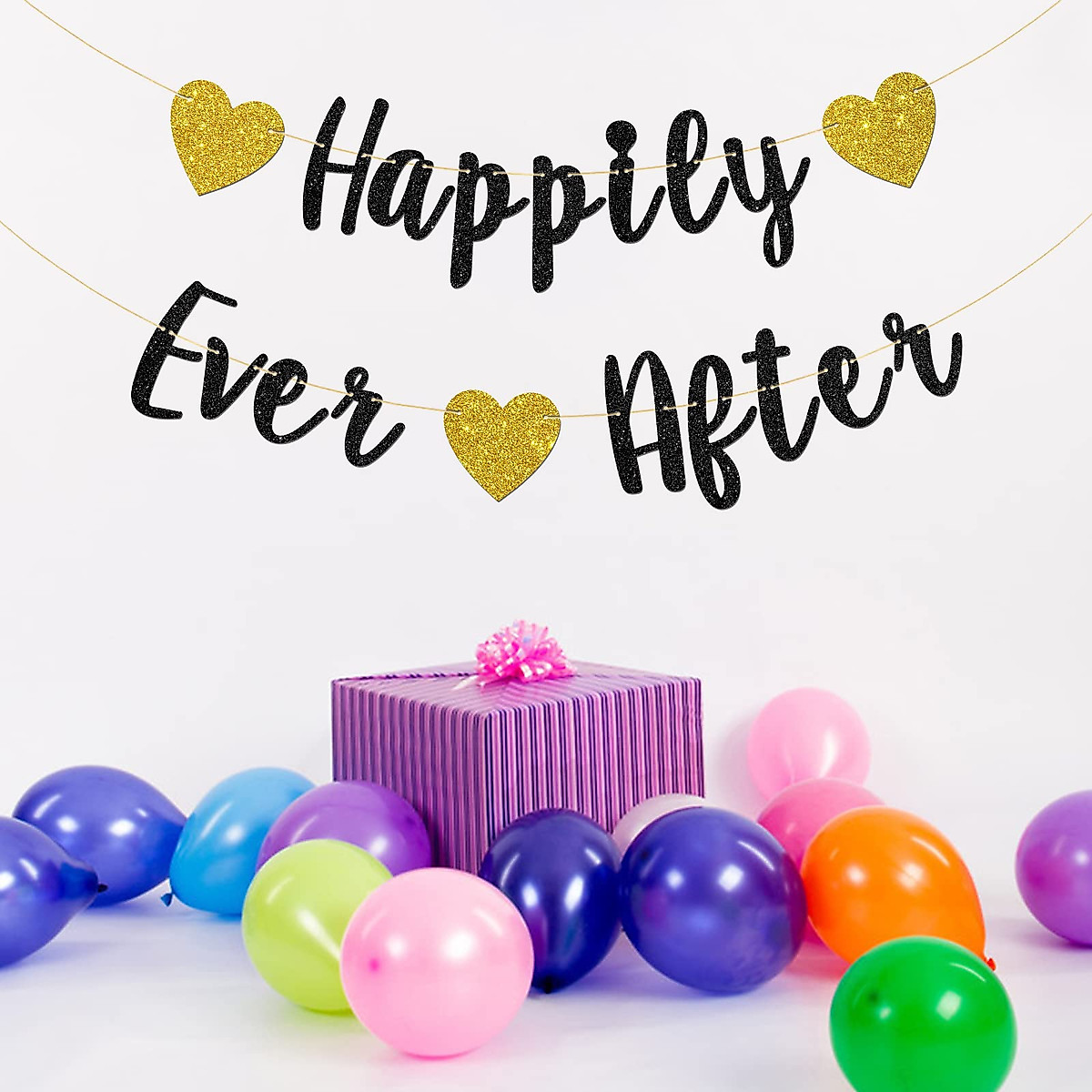 Talorine Happily Ever After Banner, Bridal Shower, Engagement, Just Married, Wedding Party Decorations (Black Glitter)