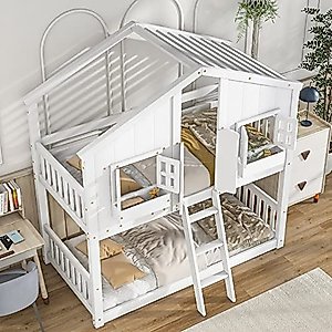 ERYE Twin Over Twin House Bunk Bed with Roof,Window, Window Box and Window Door,Twin Size Wooden Bunk Bed with Safety Guardrails and Ladder for Kids Children Teens Boys and Girls,White
