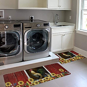 Farmhouse Rooster Kitchen Mats and Rugs Set of 2, Washable Absorbent Chicken Sunflower Kitchen Runner Rug Carpet Anti-Fatigue Comfort Mat for Kitchen Bathroom Laundry