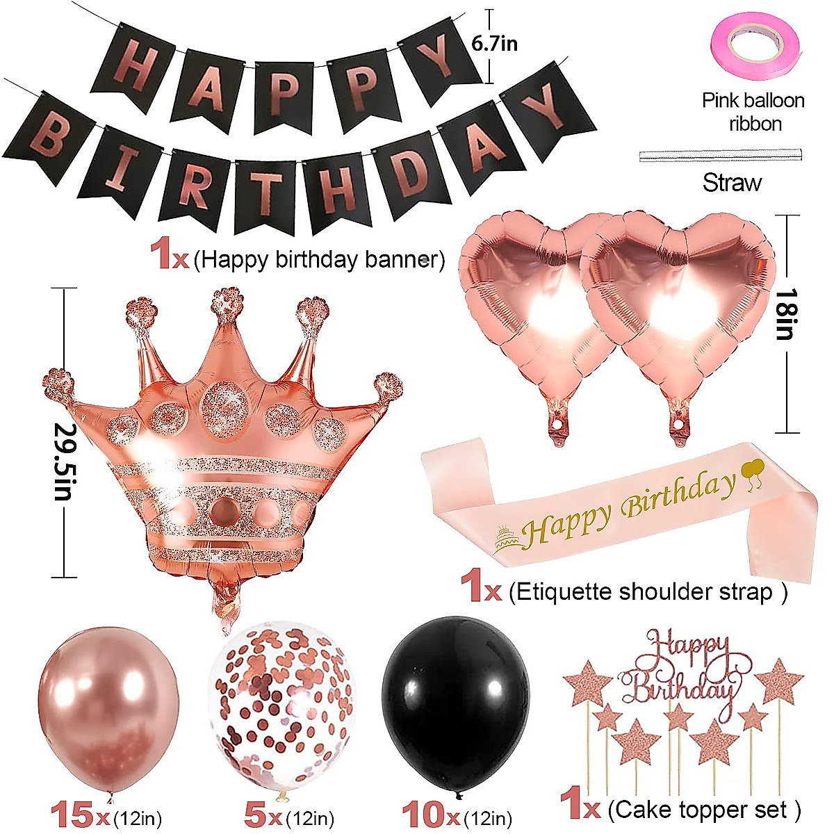 Rose Gold and Black Birthday Party Decorations with Happy Birthday Banner for Women Girls, Decor Set for Her, 16th 18th 21th 30th 40th 50th 60th 70th Supplies Balloons