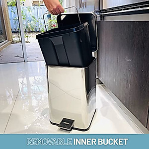 AWENN - Kitchen Garbage Trash Can with Lid and Pedal - Touchless Round Shape Waste Bin - Stainless Steel Dustbin with Removable Inner Bucket for and Outdoors – Gray (5.3 Gallon – 20 Liters)