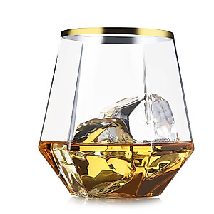 32 Pack Diamond Stemless Plastic Wine Glasses, 12 oz Unique Diamond Shape, Clear Gold Rim Glasses for Wine, Whiskey, Cocktails, Juice, Trendy & Modern Stemware, Food-Grade Disposable Drinkware