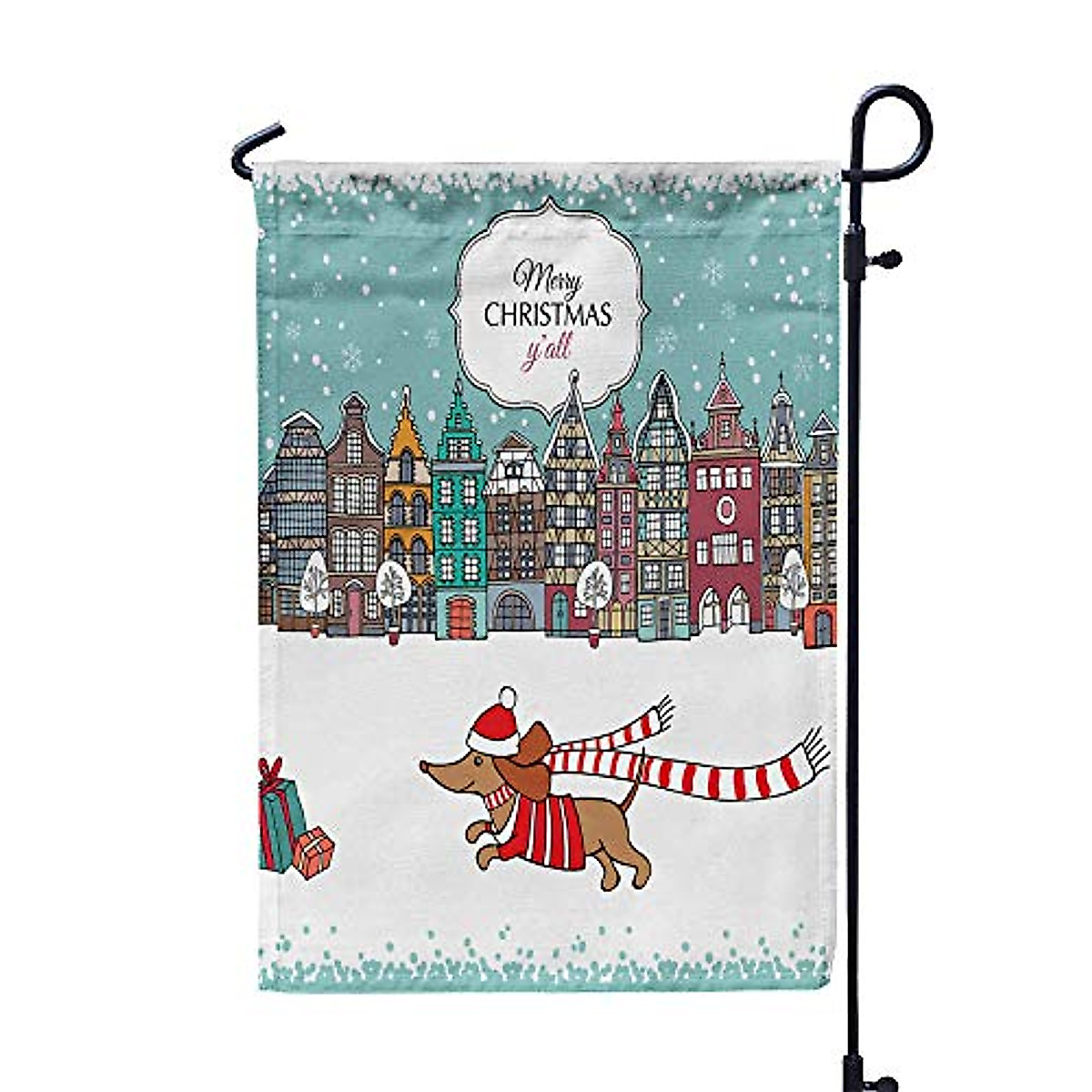 GROOTEY Welcome Garden Flag Home Yard Decorative 12X18 Inches Christmas Card European Color Houses Dog Double Sided Seasonal Garden Flags Kids Christmas Flag