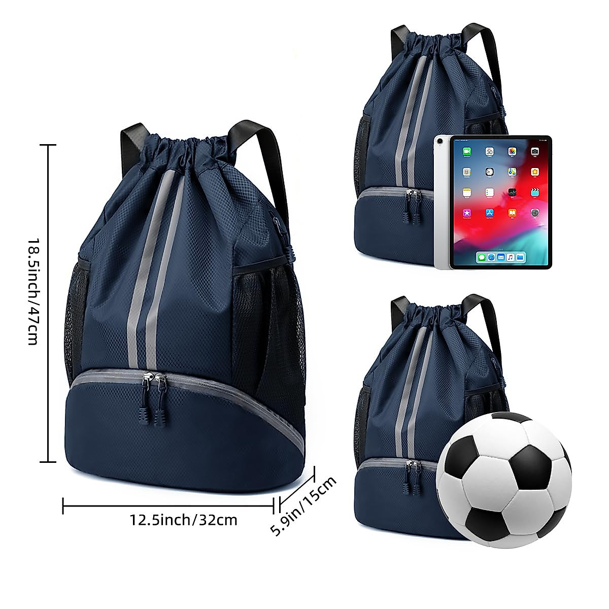 Valleycomfy Sports Drawstring Backpack - Water Resistant String Bag with Side Mesh Pockets Shoe Compartment Gym Backpack for Women & Men Navy Blue
