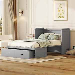 Full Size Murphy Bed and Storage Drawers and USB Port, Space-Saving Wall Bed with Storage,Murphy Bed for Living Room