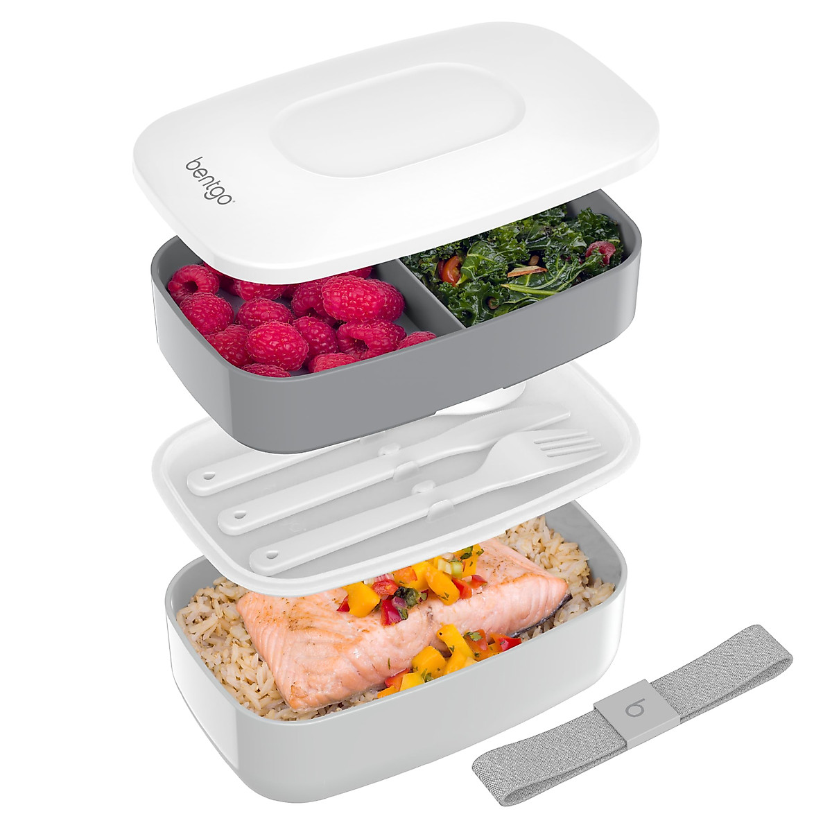 Bentgo Classic - All-in-One Stackable Bento Lunch Box Container - Modern Bento-Style Design Includes 2 Stackable Containers, Built-in Plastic Utensil Set, and Nylon Sealing Strap (Gray)