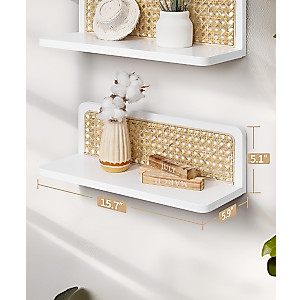 Mazjoaru Rattan Wall Shelf 16inch Set of 2, Handmade Floating Shelves Boho Wall Decor, Rustic Wood Wall Mounted Storage Shelves for Living Room Nursery Bedroom