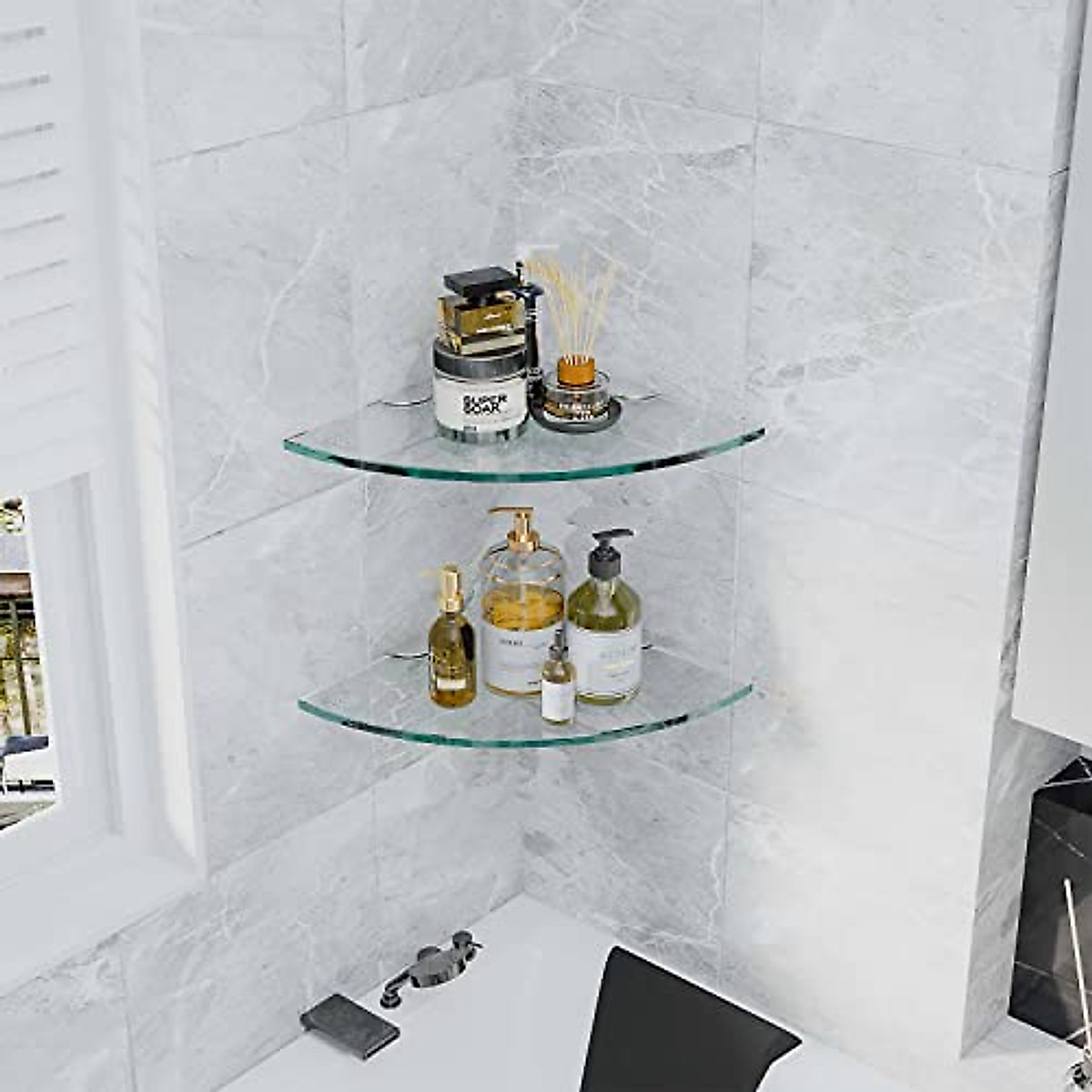 AlaKong Set of 4 Bathroom Corner Glass Shelf Tempered Glass Shelves for Shower Wall Corner Caddy Basket Triangle Wall Shower Shelf Shampoo Bottle Holder No Drilling Adhesive Wall Mount Bathroom Shelf