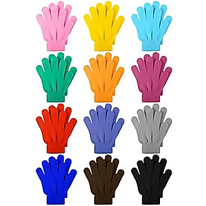Cooraby 12 Pairs Kids Warm Magic Gloves Teens Winter Stretchy Knit Gloves Boys Girls Knit Gloves (Black, Yellow, Light Pink, Red, Mixed Colors, 4-6 Years)