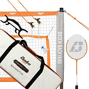 Baden | Champions | Portable Badminton Set | Regulation Net + 3 Shuttlecocks + 4 Racquets + 1 Boundary + 1 Carry Bag | Orange/Gray